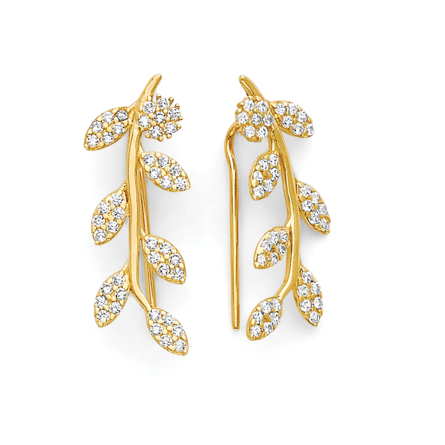White CZ Leaf Crawler Stud Earrings in 14K Gold – Oro Club