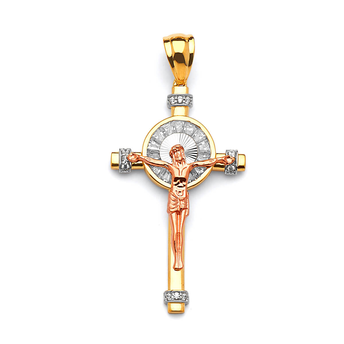 White CZ Crucifix Pendant in 14K Tri-Color Gold – Oro Club
